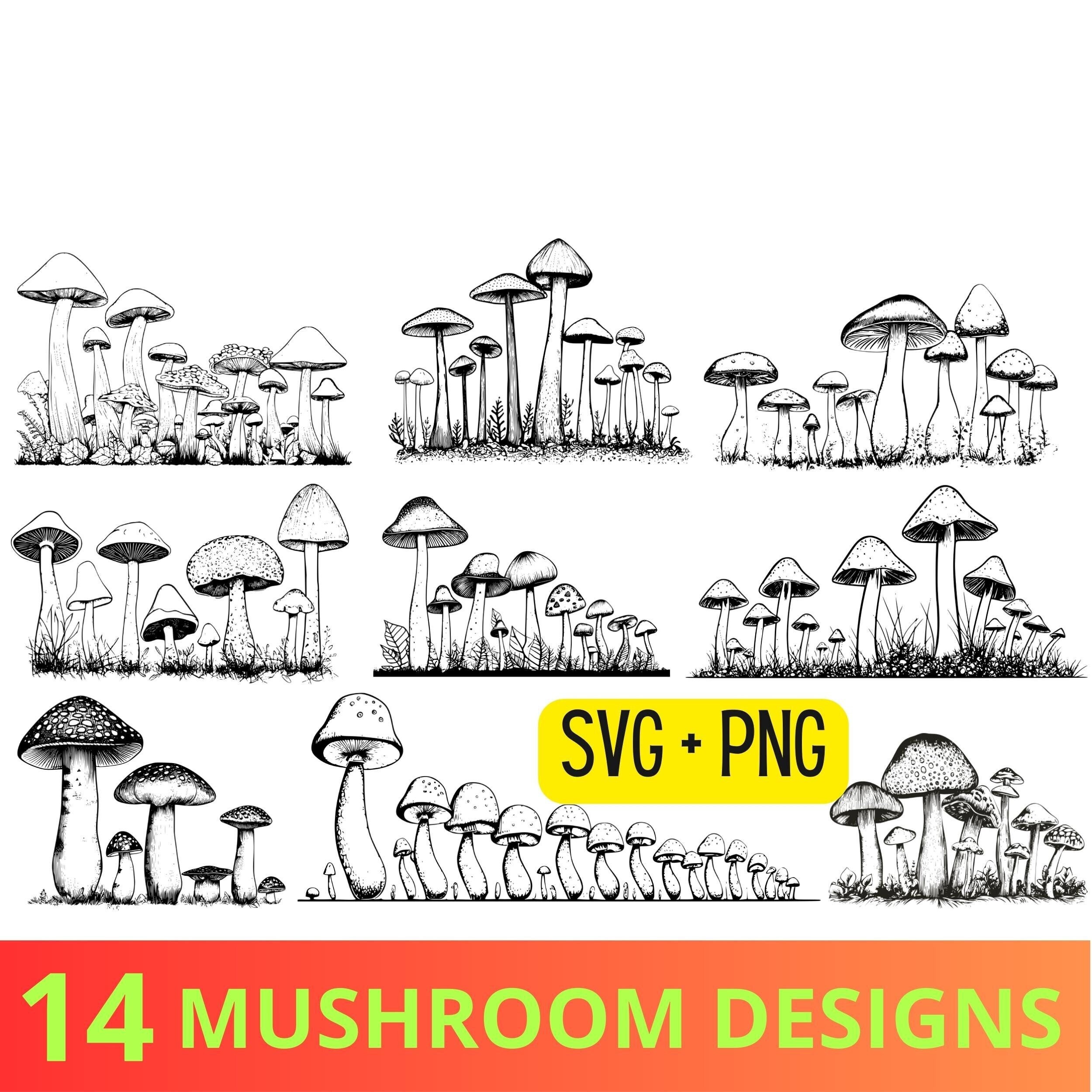 14 Row of Mushrooms SVG and PNG Bundle - Black and White Mushroom ...