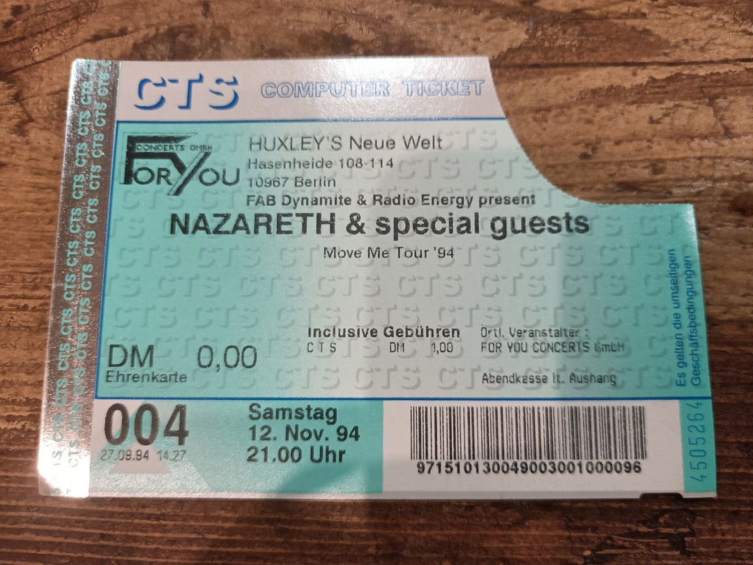 Nazareth Concert Ticket Huxley's New World Berlin November 12, 1994 ...
