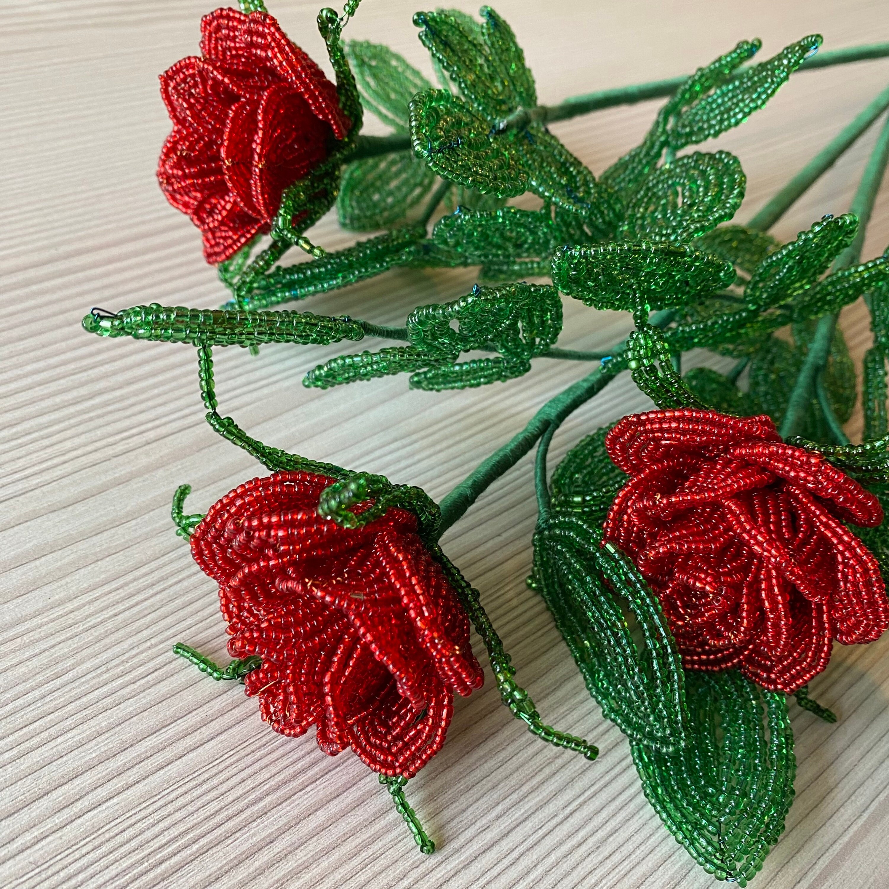 Bouquet of Red Tea Roses Flowers Bouquet Beaded Flowers Wildflowers Red Rose Tea Roses Handmade ...