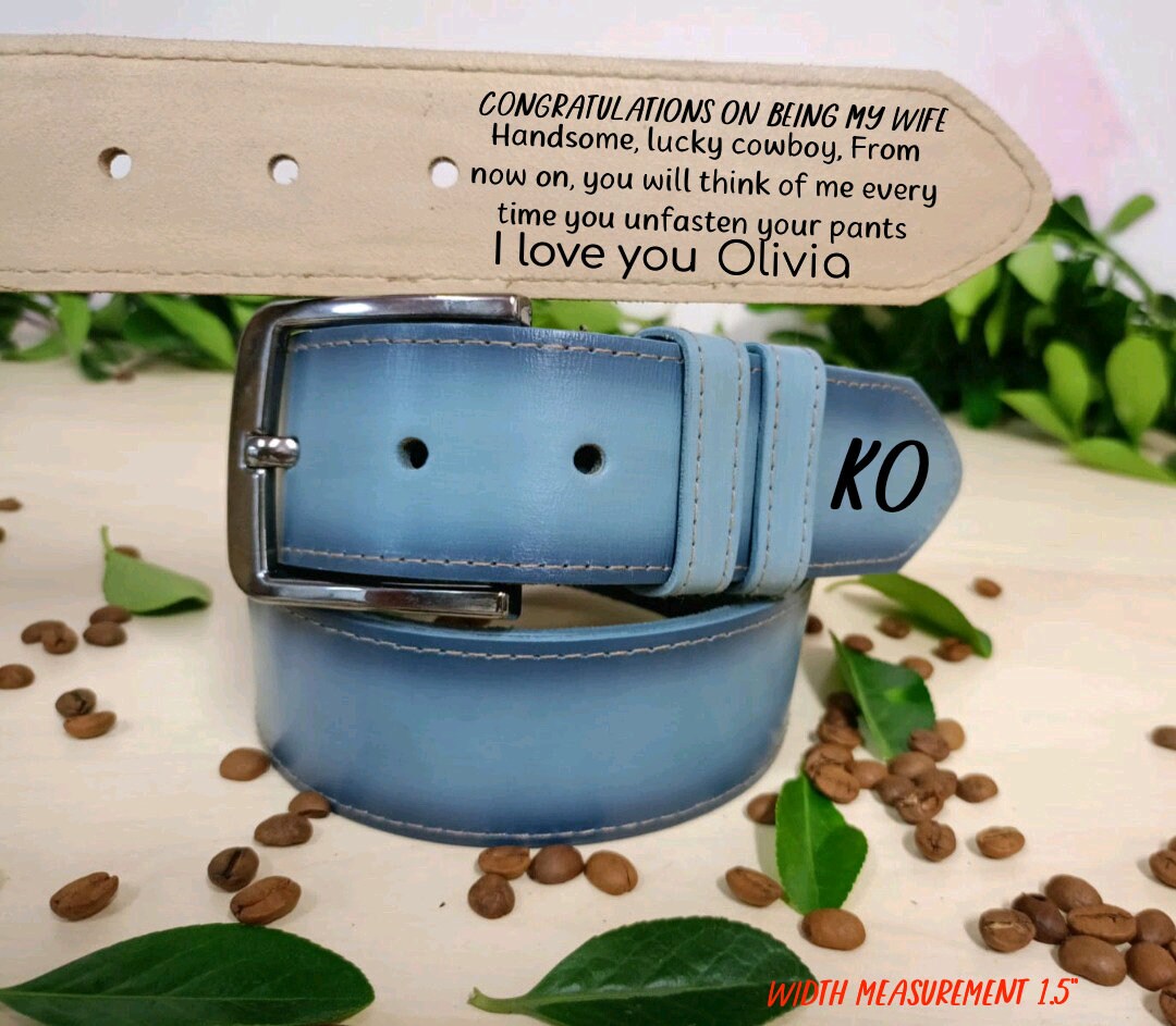 Custom Handmade Belt -light Blue Belt - Engraved Leather Belt -grooms ...