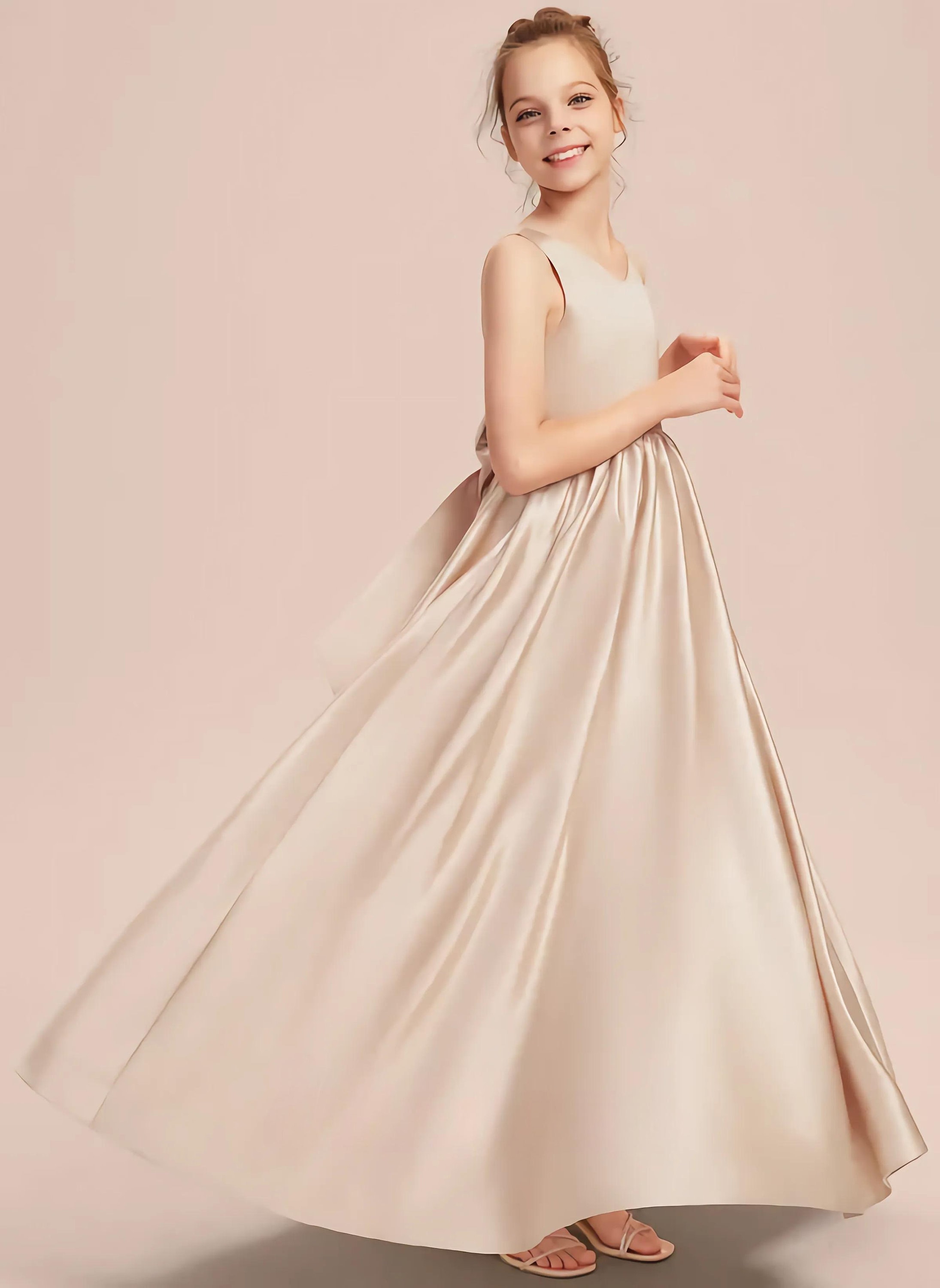Flower Girl Dress A-line V-neck Floor-length Satin Junior - Etsy