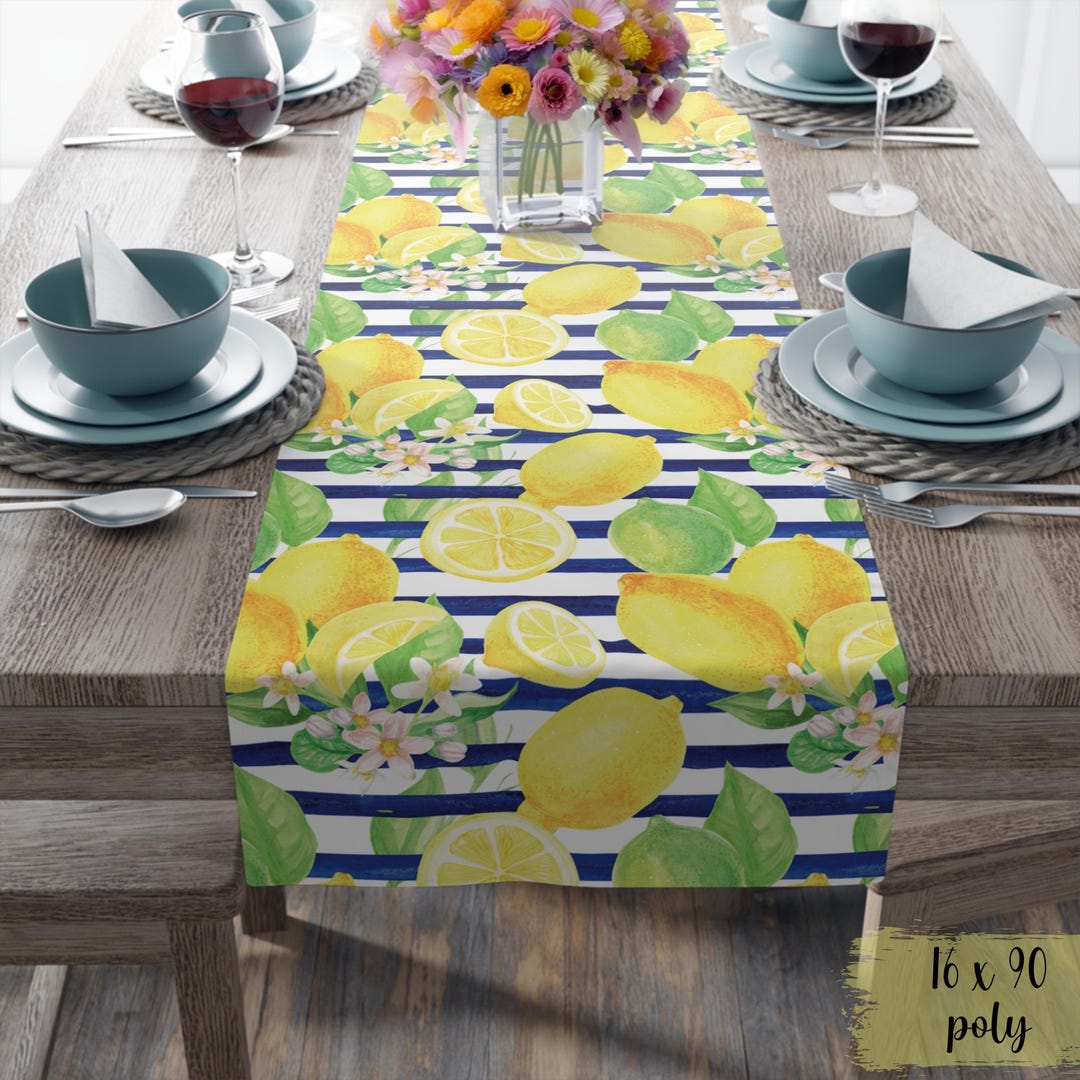 Table Runner Lemon Summer Kitchen Decor Blue Striped Fruit Dining Room ...