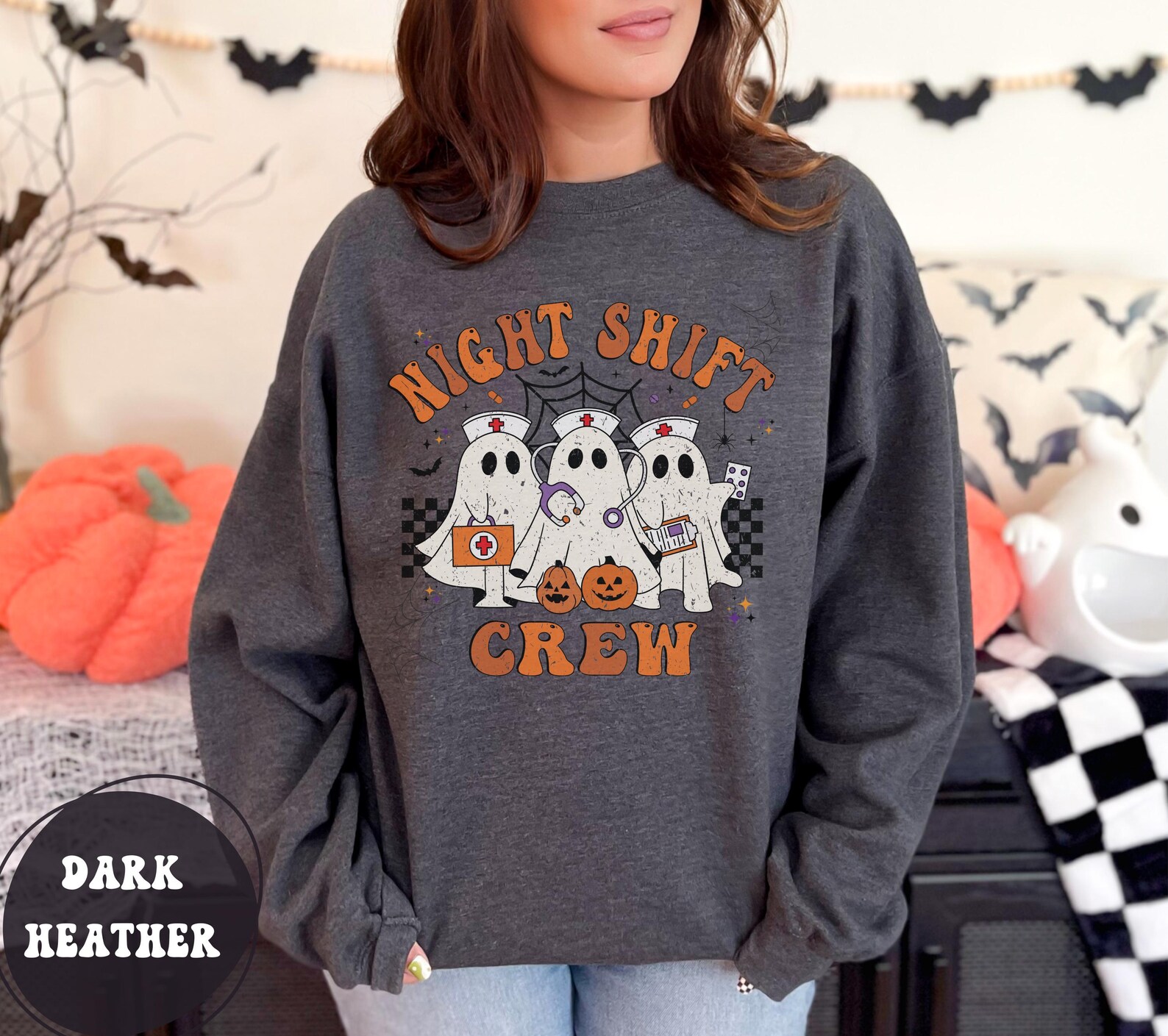 Distressed Night Shift Crew Nurse Sweatshirt, Spooky Season Pullover ...