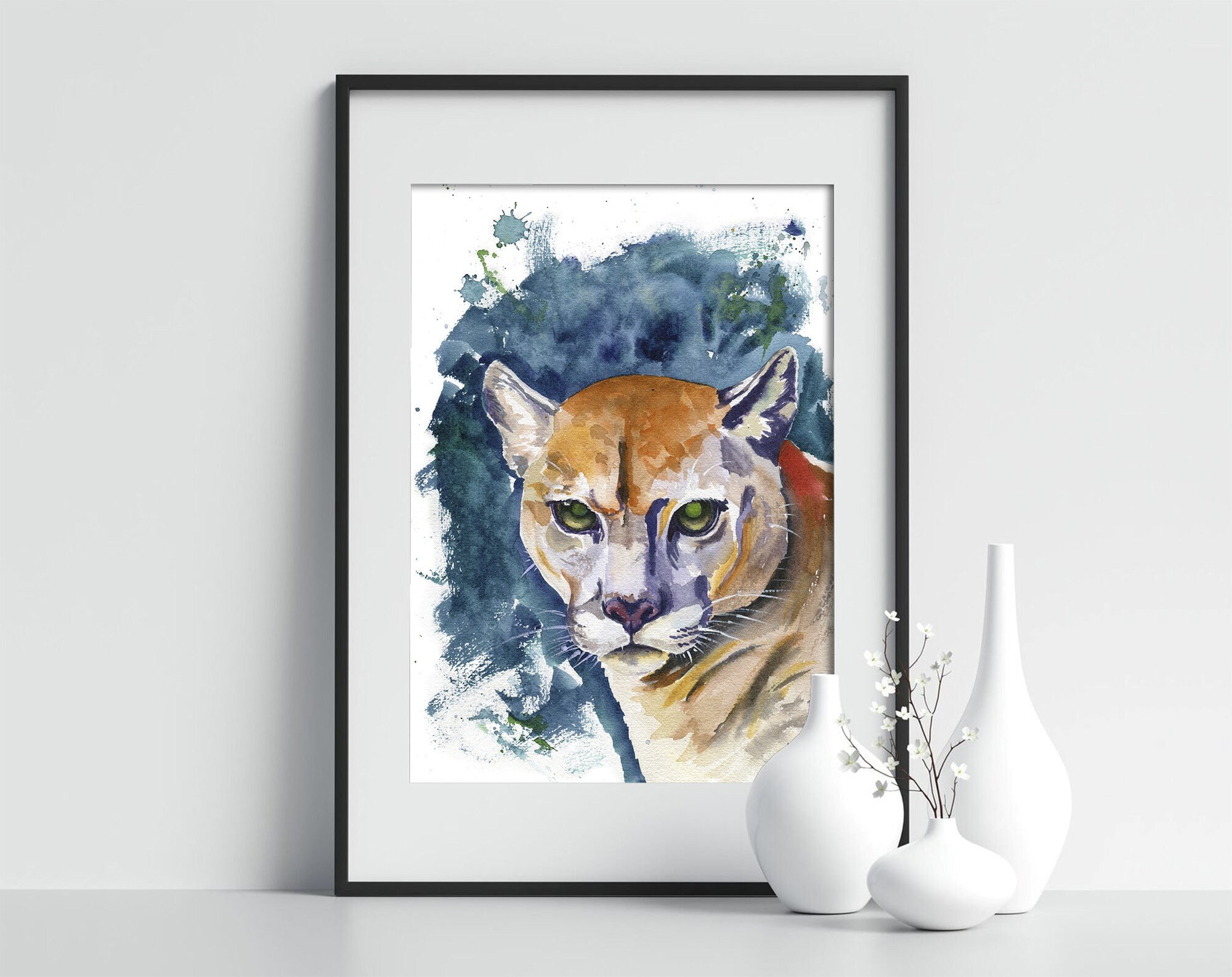Cougar Painting Mountain Lion Wall Art Print From Original Watercolor ...