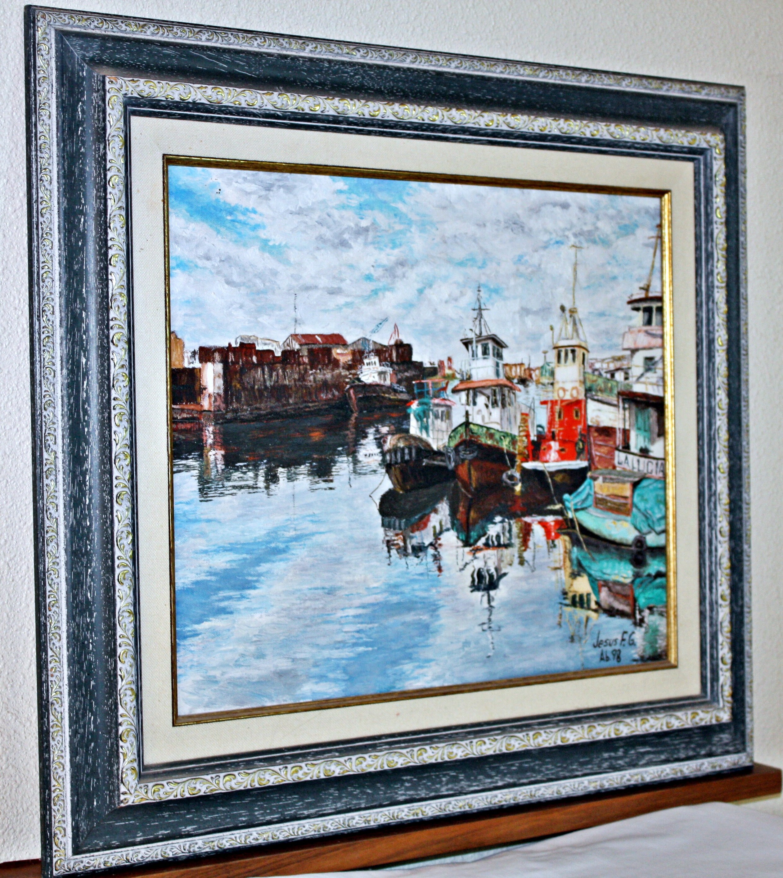 Seascape Realism Sea Harbor Boats in Harbor Blues and Greens Window ...