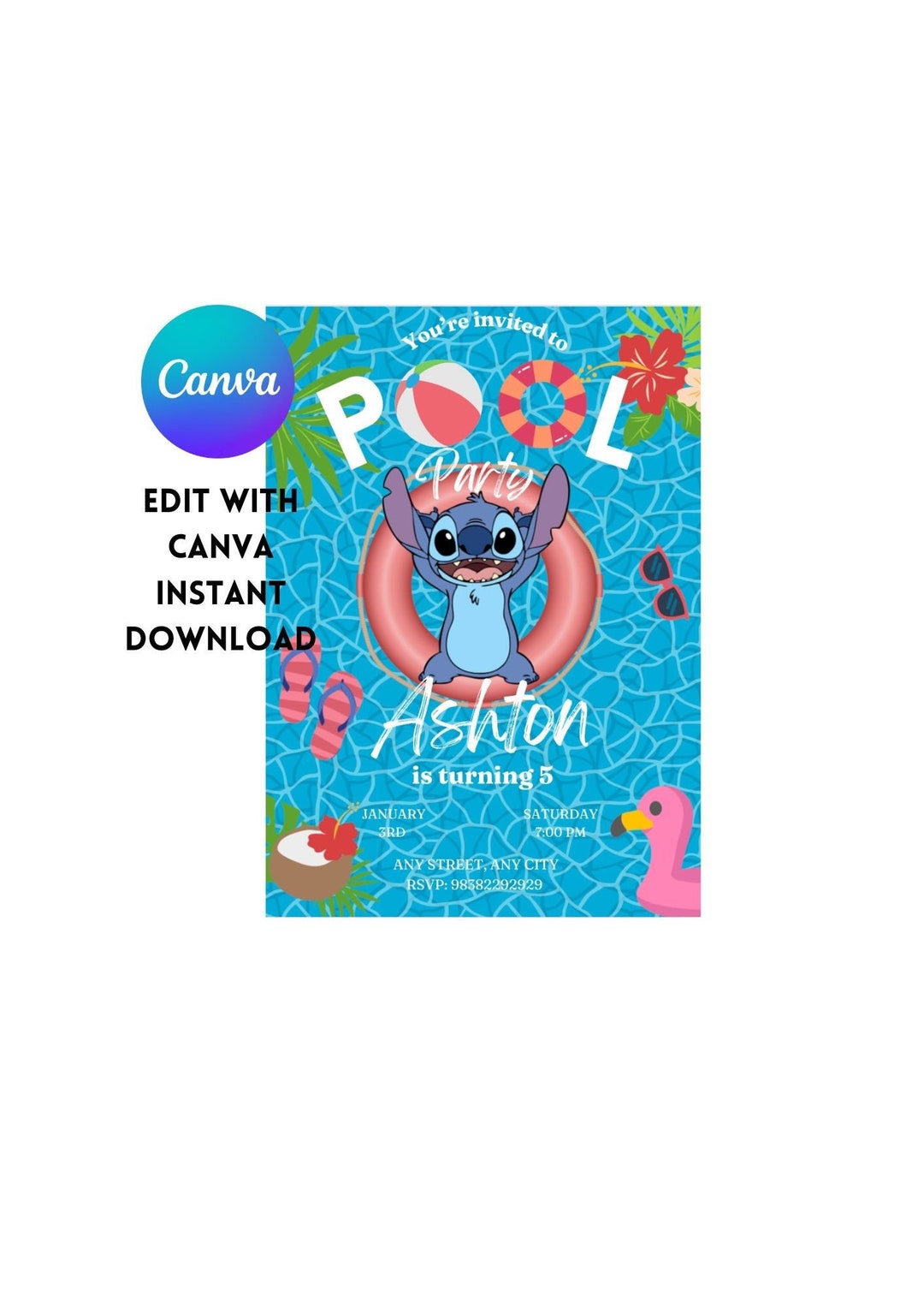 Stitch Editable Pool Party Birthday Invitation Template Printable ...