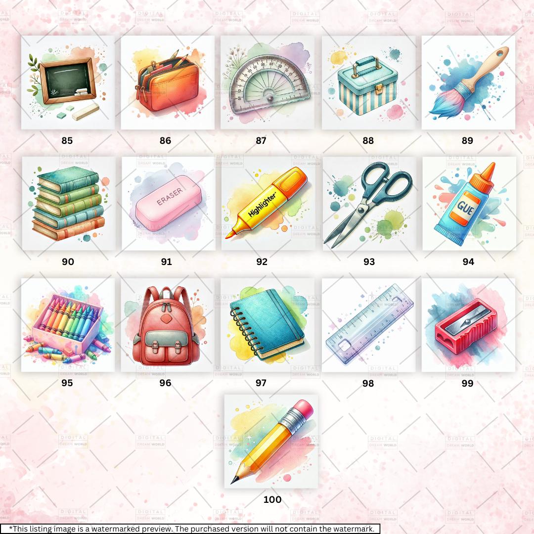Watercolor School Supplies Clipart Bundle, Back to School Stationery ...