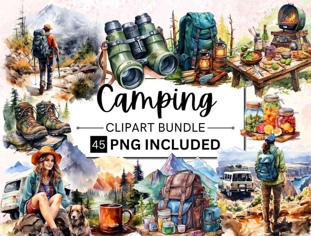 45 Watercolor Camping Clipart, Camping Sublimation PNG Bundle, Camp ...