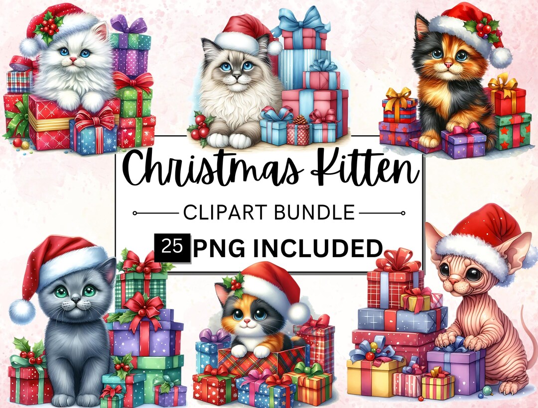 25 Watercolor Christmas Kitten Clipart Bundle, Cute Christmas Kitten ...