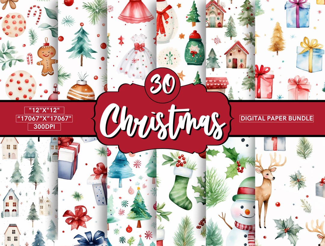 30 Watercolor Printable Christmas Digital Seamless Paper, Fantasy Noel ...