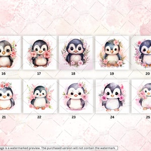 25 Watercolor Cute Baby Penguins Clipart Bundle, Floral Baby Penguin ...