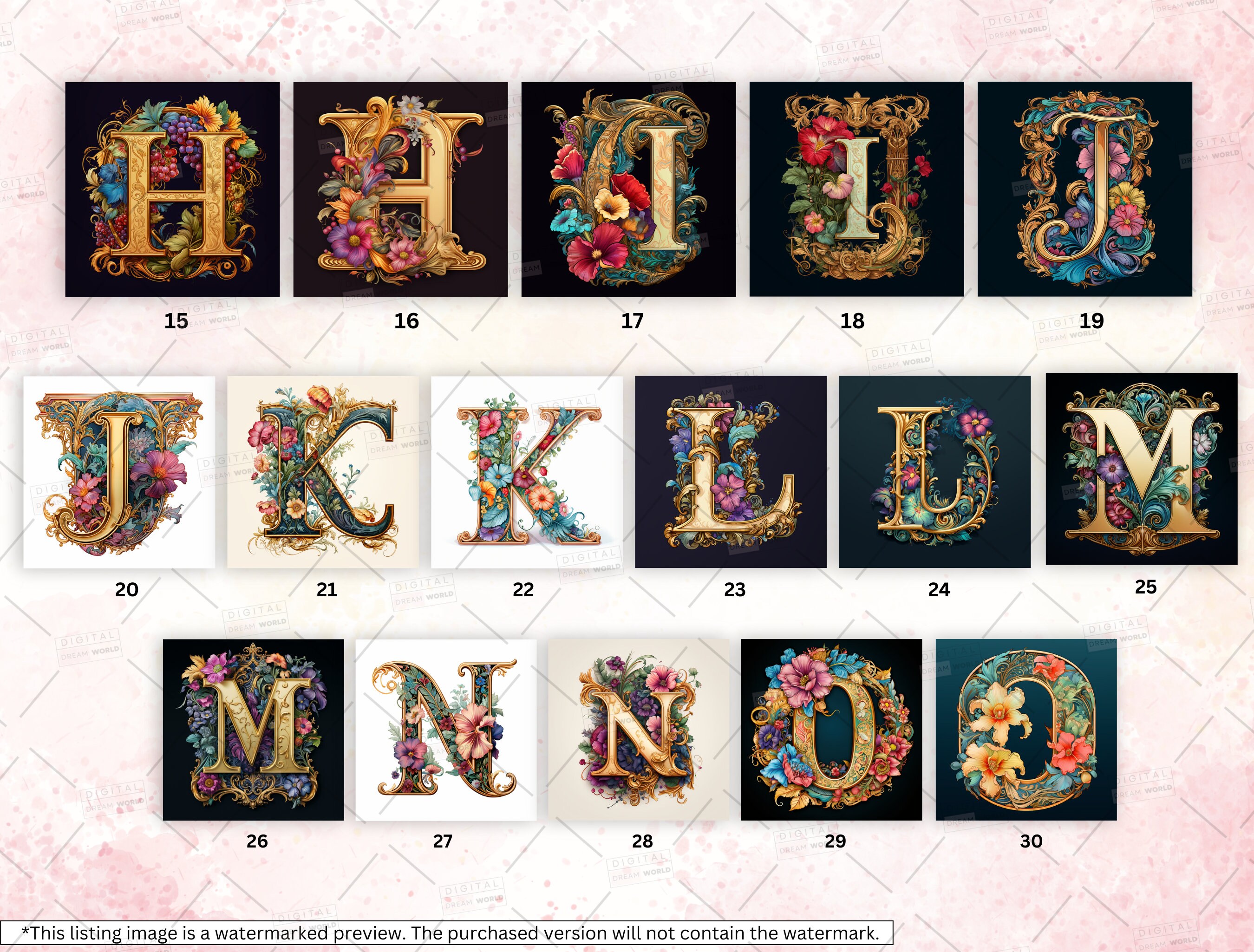 52 Art Nouveau Illuminated Initials Clipart Bundle Full English ...