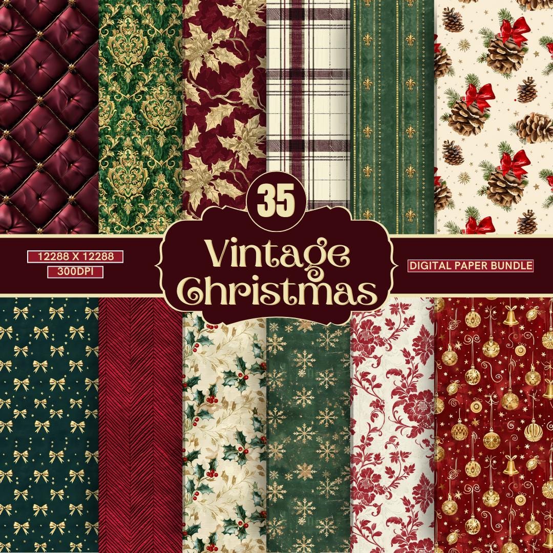 35 Vintage Christmas Digital Papers, Seamless Holiday Backgrounds ...