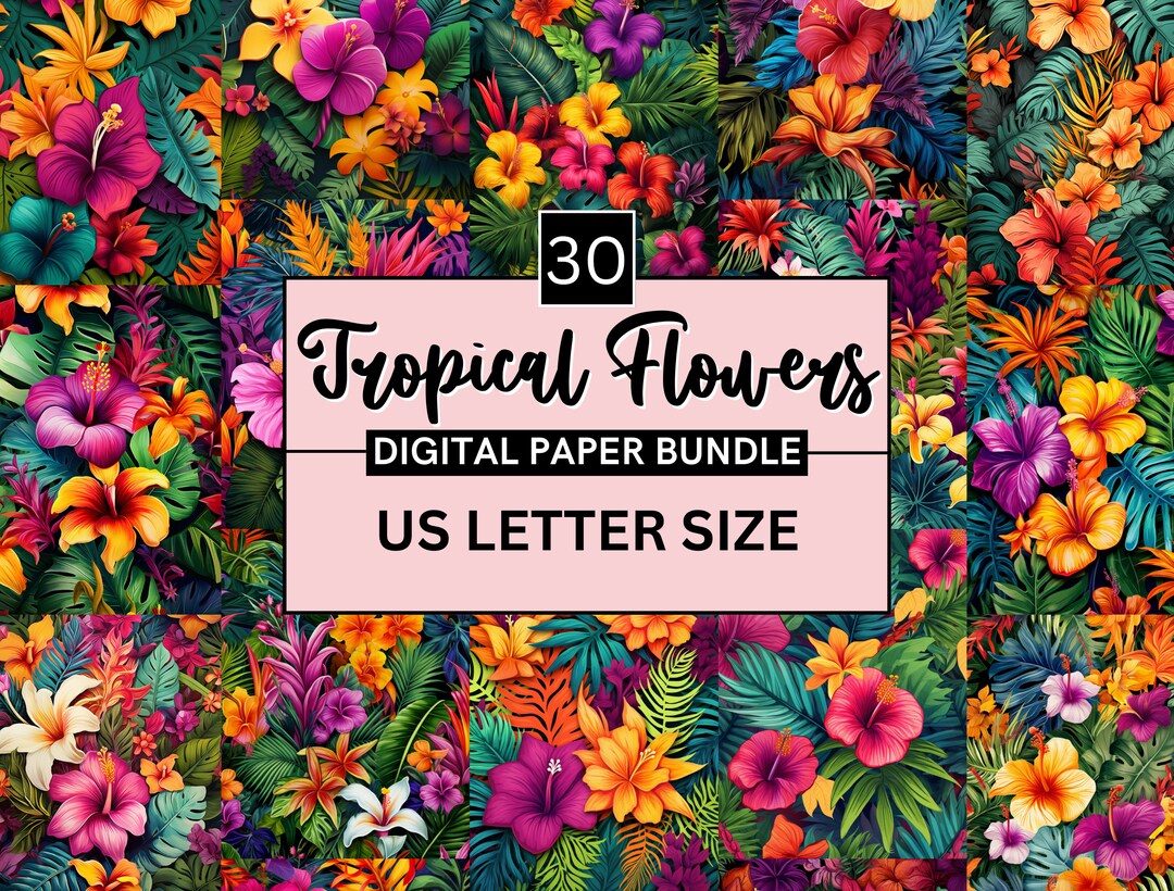 30 Tropical Flowers Digital Paper, Tropical Floral Background, Spring ...