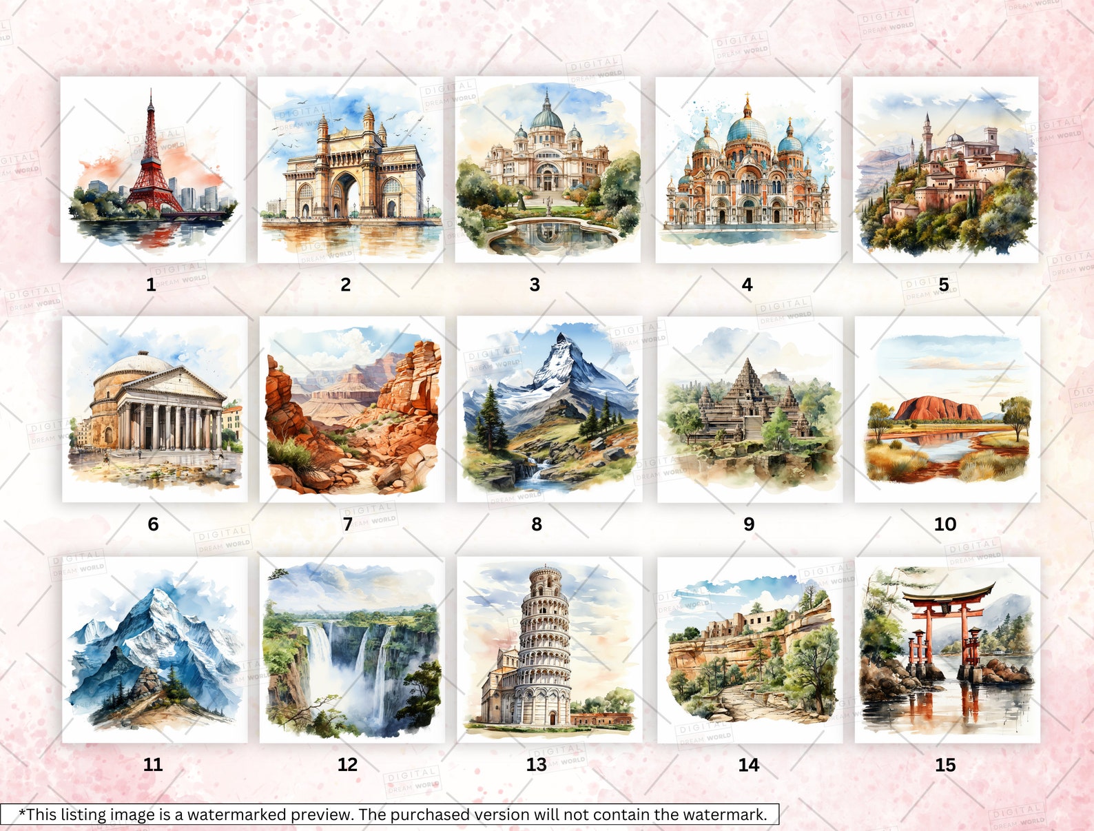 Watercolor World Landmarks Clipart, Travel Illustrations (40 PNG) - Etsy