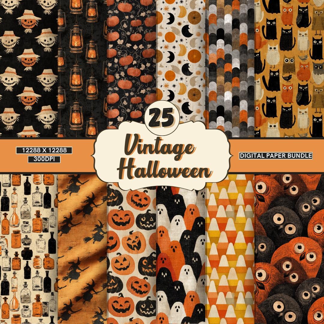 25 Vintage Halloween Digital Paper, Orange & Black Patterns, Classic ...