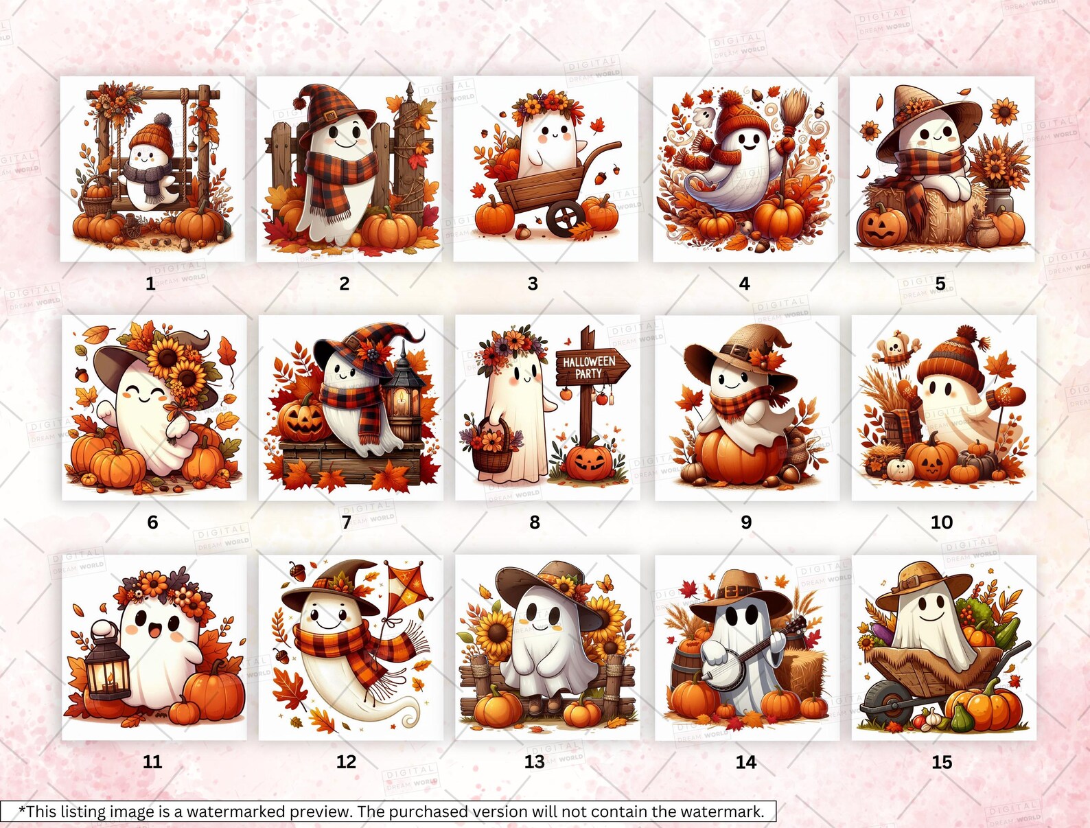 25 Watercolor Cute Ghost Clipart, Halloween Clipart PNG Bundle, Cute ...
