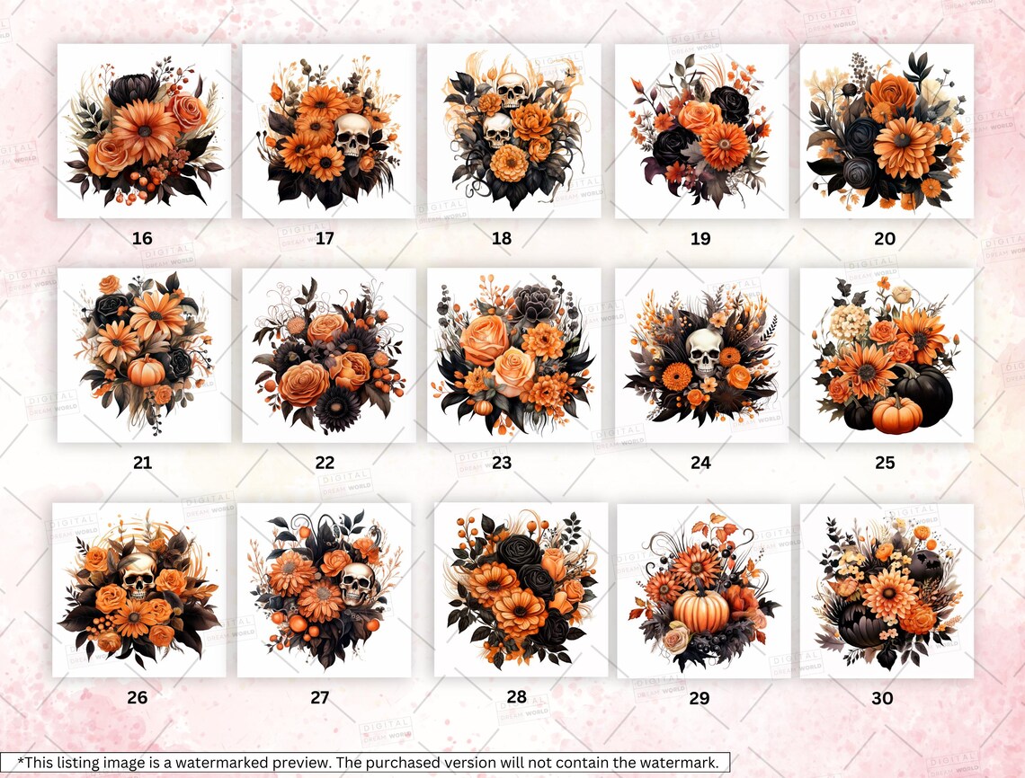 Watercolor Halloween Flowers Clipart, Orange and Black Florals (digital ...