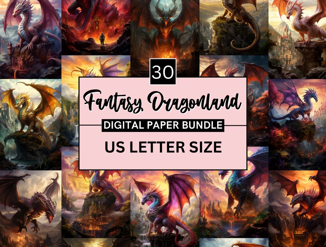 30 Printable Fantasy Dragonland Digital Paper, Mystery Dragon ...