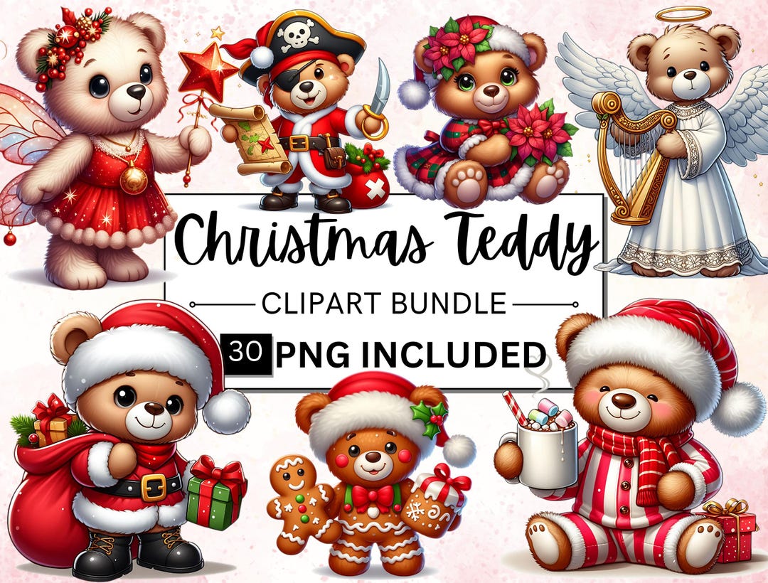 30 Watercolor Christmas Teddy Bear Clipart Bundle, Merry Christmas ...