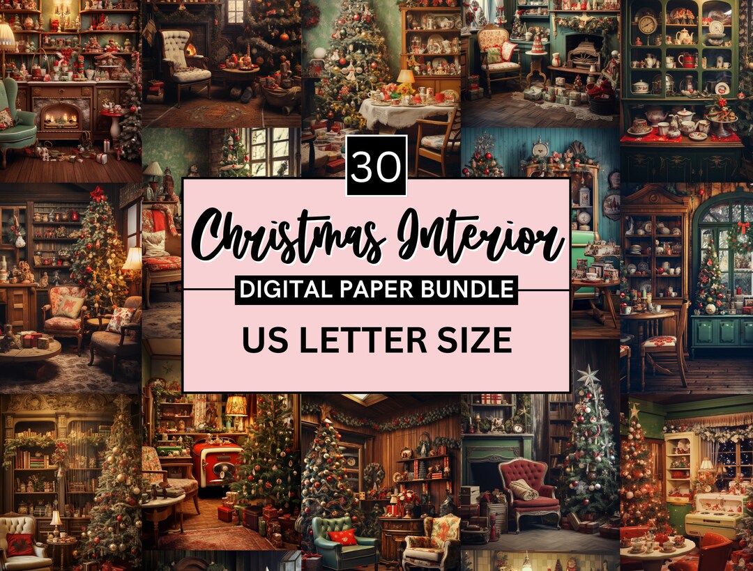 30 Printable Vintage Christmas Interior Digital Paper, Christmas ...