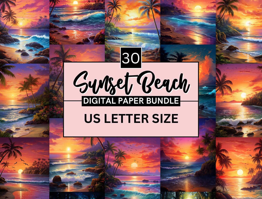 30 Printable Sunset Beach Digital Paper, Ocean Palm Landscape Backdrop ...