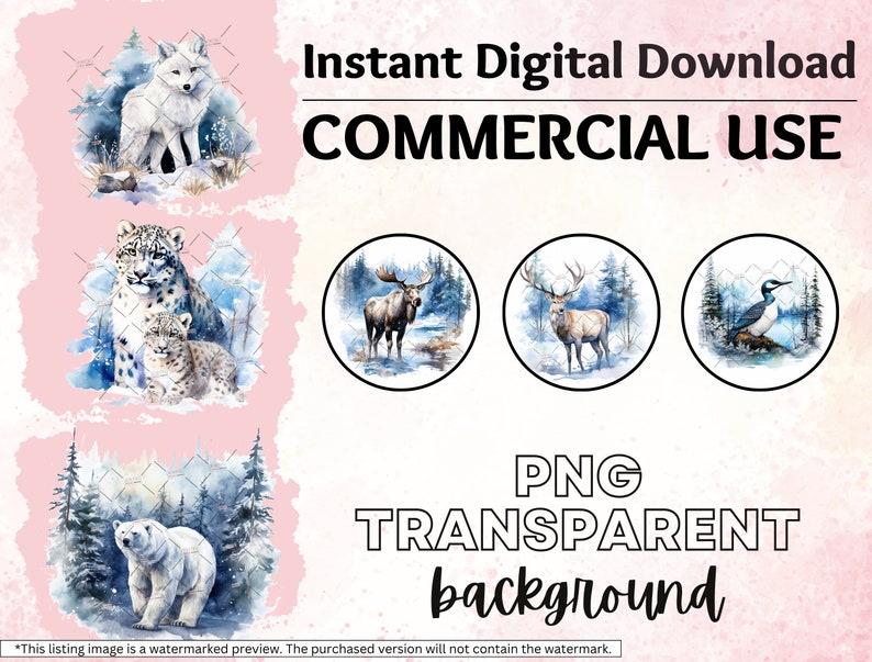 Watercolor Winter Animals Clipart, 40 PNG Illustrations (commercial Use ...