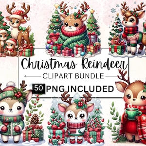 50 Christmas Cute Reindeer Clipart, Winter Holidays Baby Animals ...
