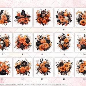 Watercolor Halloween Flowers Clipart, Orange and Black Florals (digital ...