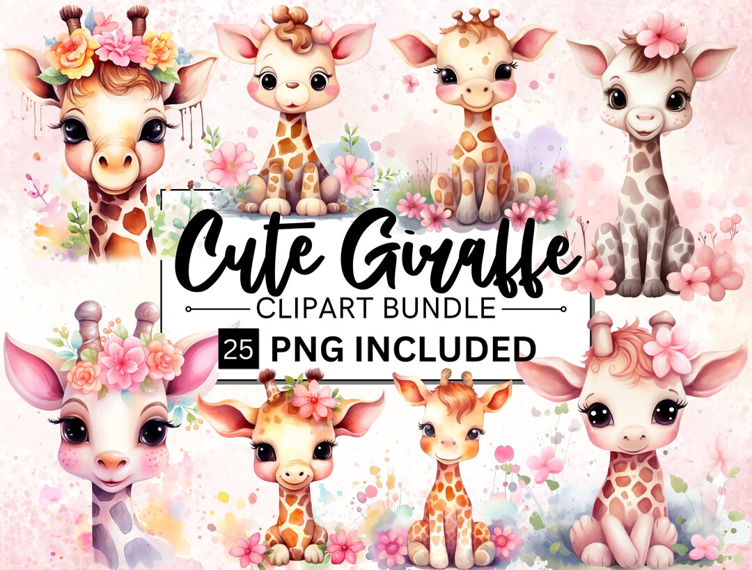 25 Watercolor Cute Giraffe Clipart Bundle, Baby Giraffe PNG, Floral ...