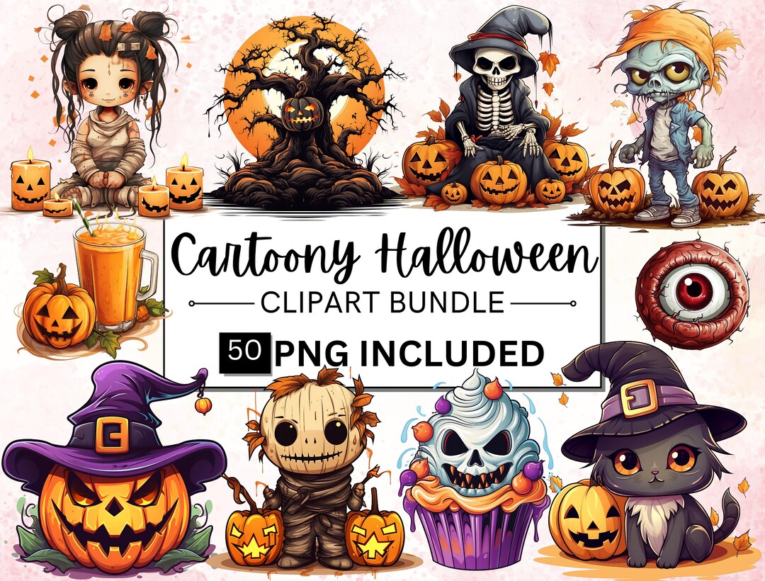 50 Watercolor Cute Halloween PNG Clipart Bundle, Cartoon Kawaii ...