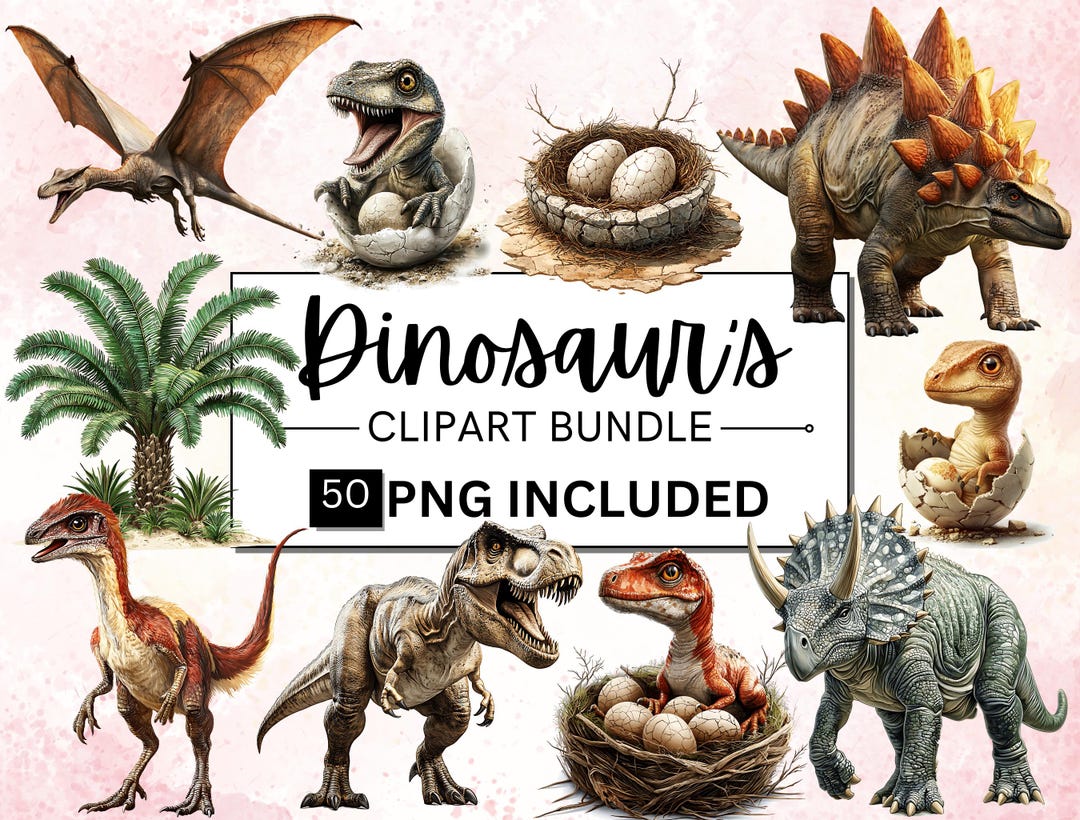 50 Watercolor Realistic Dinosaur Clipart Bundle, Dino Clipart T-rex ...