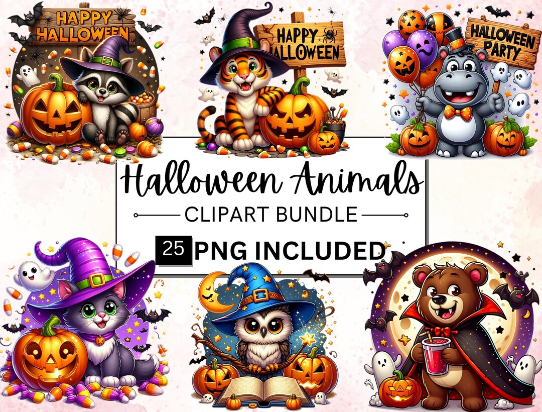 25 Watercolor Cute Halloween Animal Clipart Bundle, Halloween ...