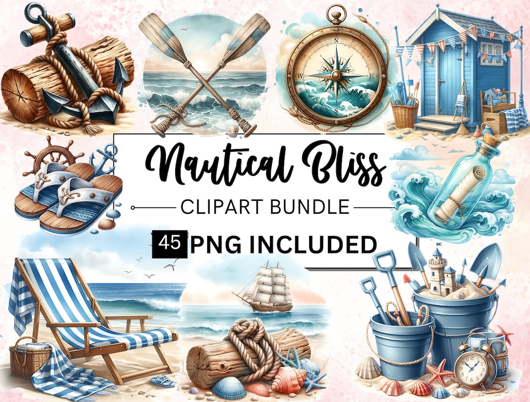 45 Watercolor Nautical Clipart Bundle, Beach Clipart Bundle, Travel PNG ...