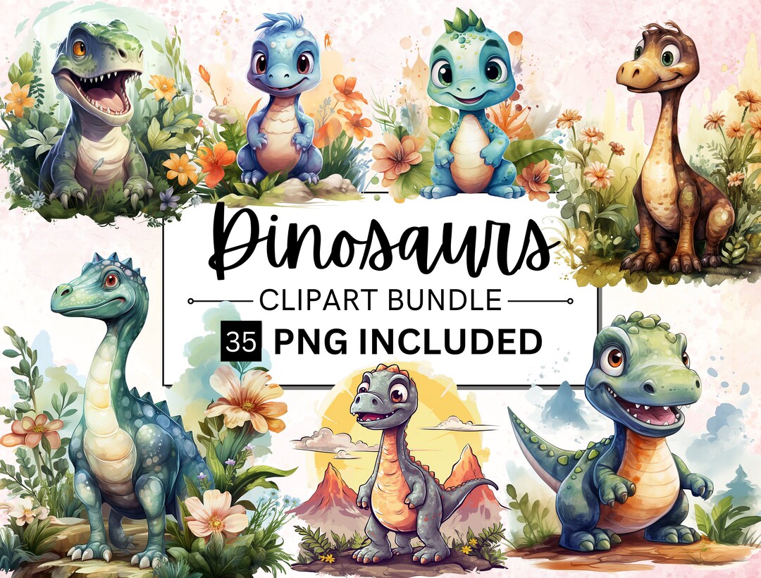 35 Watercolor Dinosaur Clipart Bundle, Dinosaur Birthday Party Decor ...