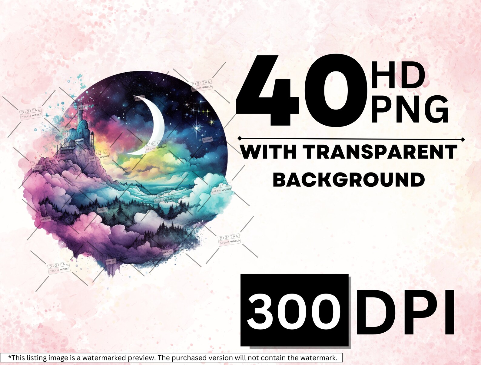 Watercolor Dreamy Moon Clipart Bundle, Fantasy Art (digital Download ...