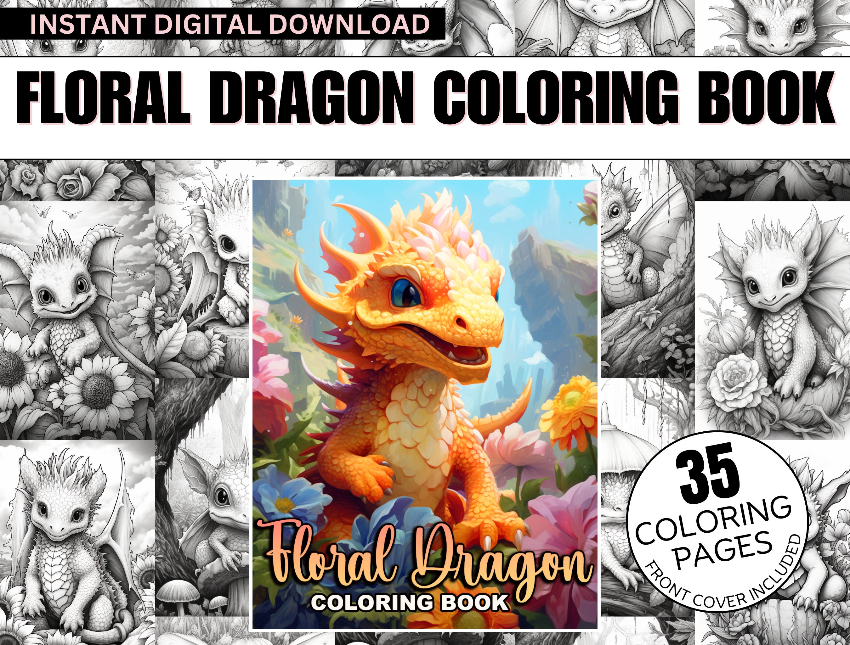 35 Baby Dragon Fantasy Coloring Pages Book adults Kids - Etsy