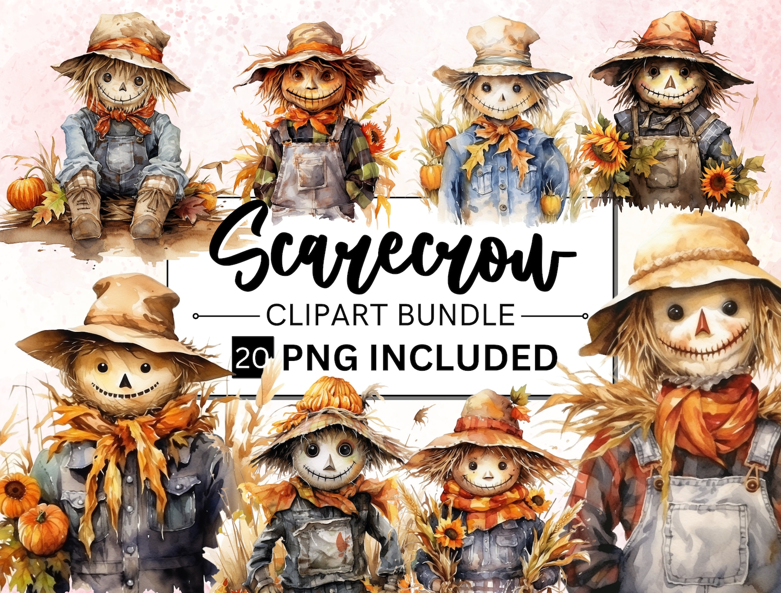 20 Watercolor Scarecrow Clipart. Autumn Clipart. PNG. Transparent ...