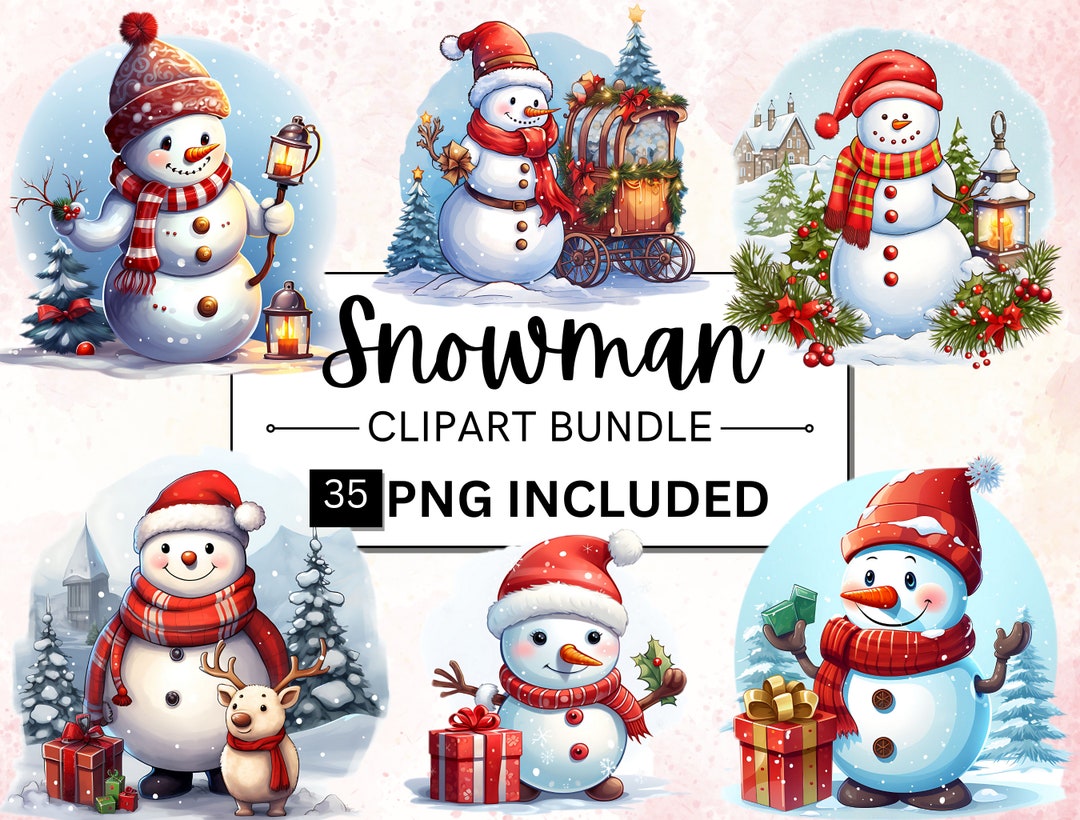 35 Watercolor Cute Christmas Snowman Clipart PNG Bundle, Winter Clipart ...