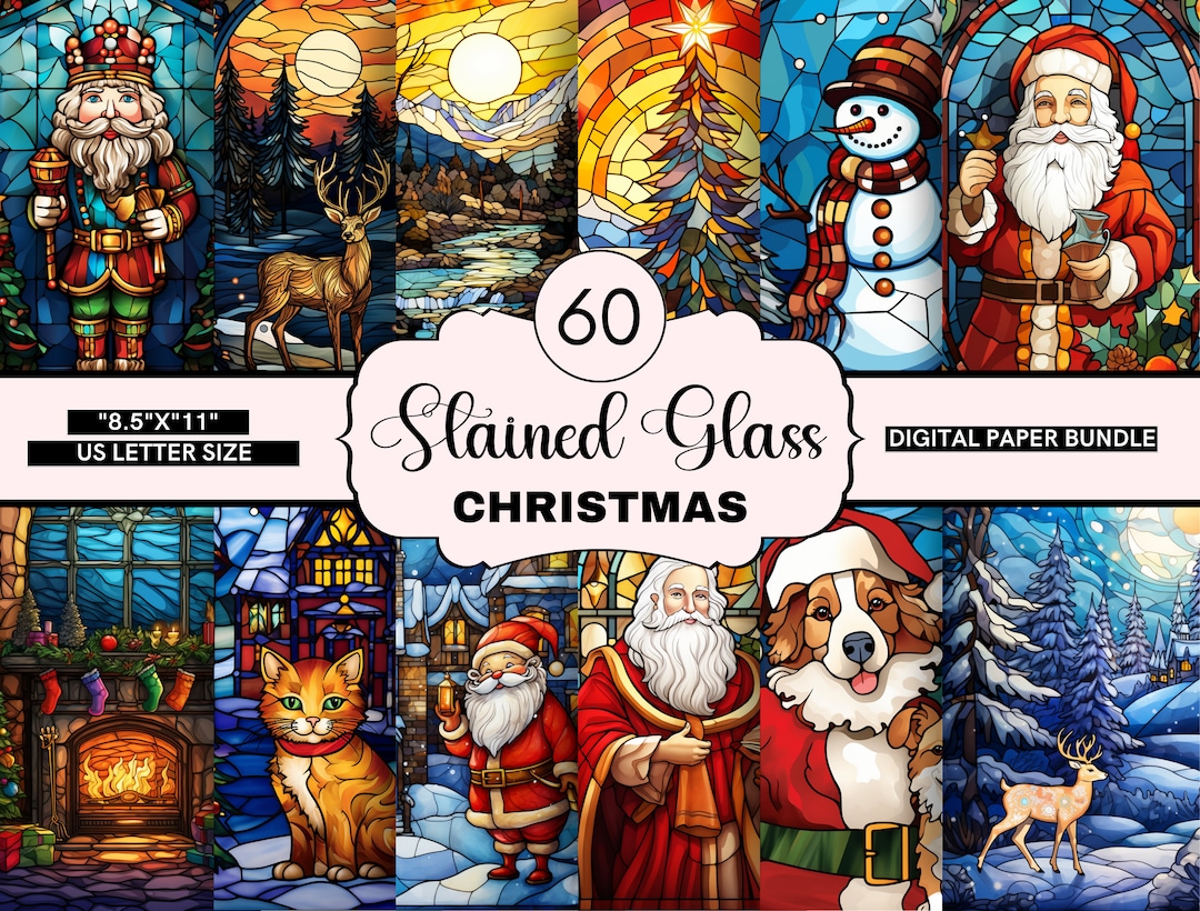 60 Printable Stained Glass Christmas Digital Paper, Winter Christmas ...