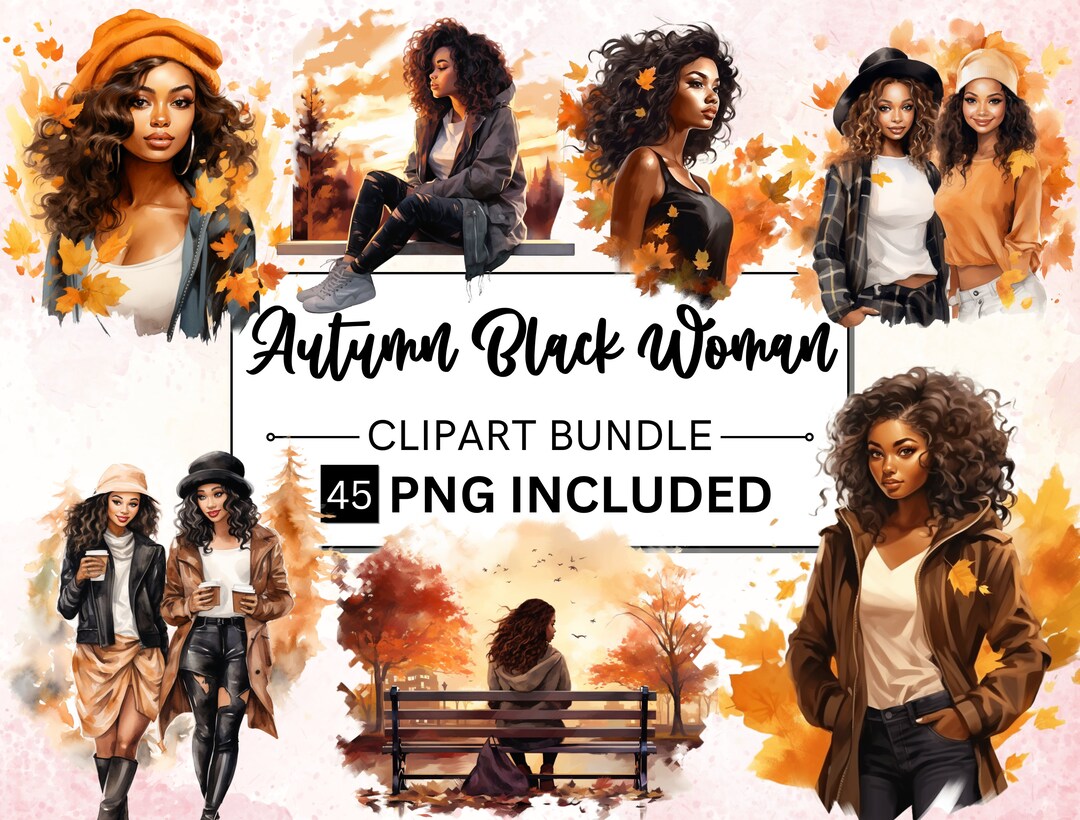 Watercolor Autumn Black Woman Clipart, Fall Fashion PNG (digital ...