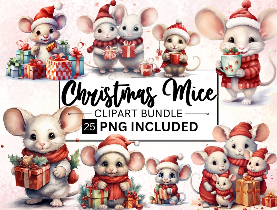 25 Christmas Mice PNG Clipart, Watercolor Winter Mouse Holiday Bundle ...