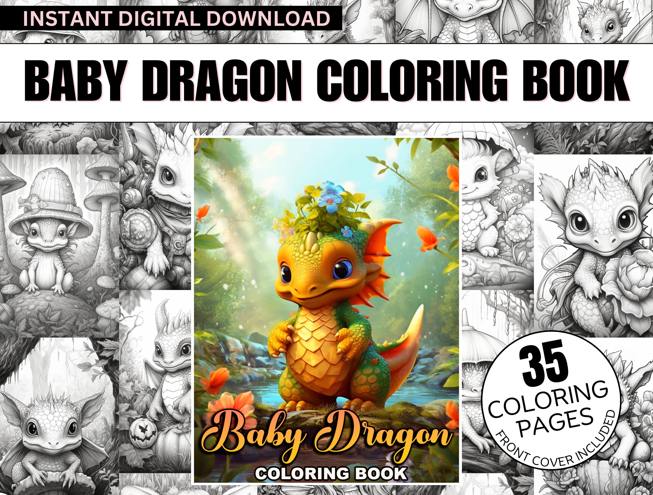 35 Baby Dragon Fantasy Coloring Pages Book Adults Kids - Etsy