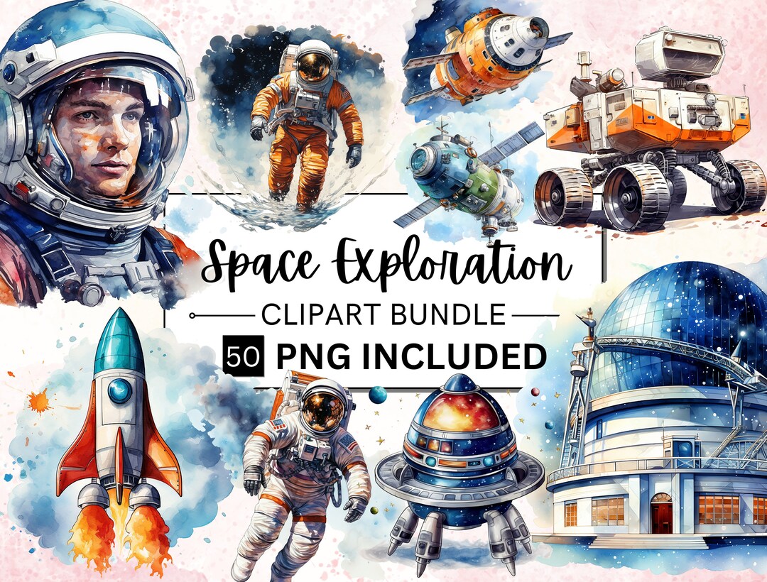 50 Space Watercolor Clipart Bundle PNG, Spaceship, Astronaut, Planets ...