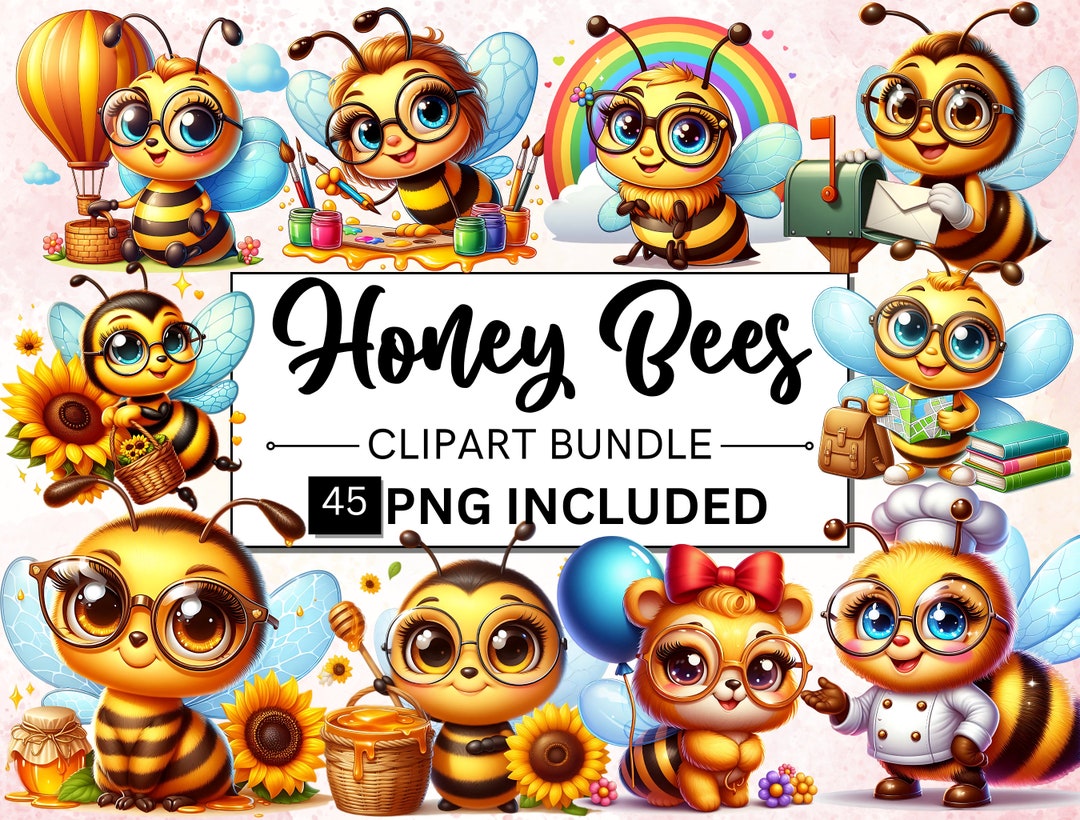 45 Sweet Honey Bees Clipart Bundle, Cute Bees PNG, Bees Clipart Bundle ...