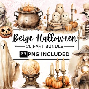85 Watercolor Halloween PNG Clipart Bundle, Beige Halloween PNG, Spooky ...