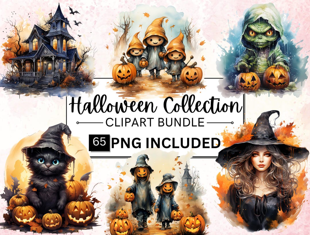 65 Watercolor Halloween PNG Clipart Bundle, Happy Halloween PNG Clipart ...