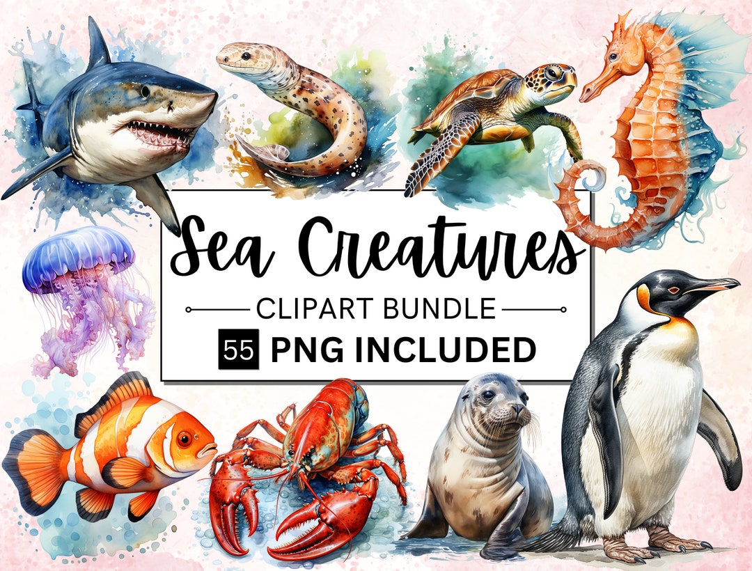 55 Watercolor Sea Creatures Clipart PNG Bundle, Colorful Animal ...