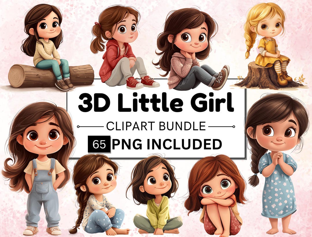 65 Cute 3D Style Little Girls Clipart Bundle, Children Clipart, Kids ...