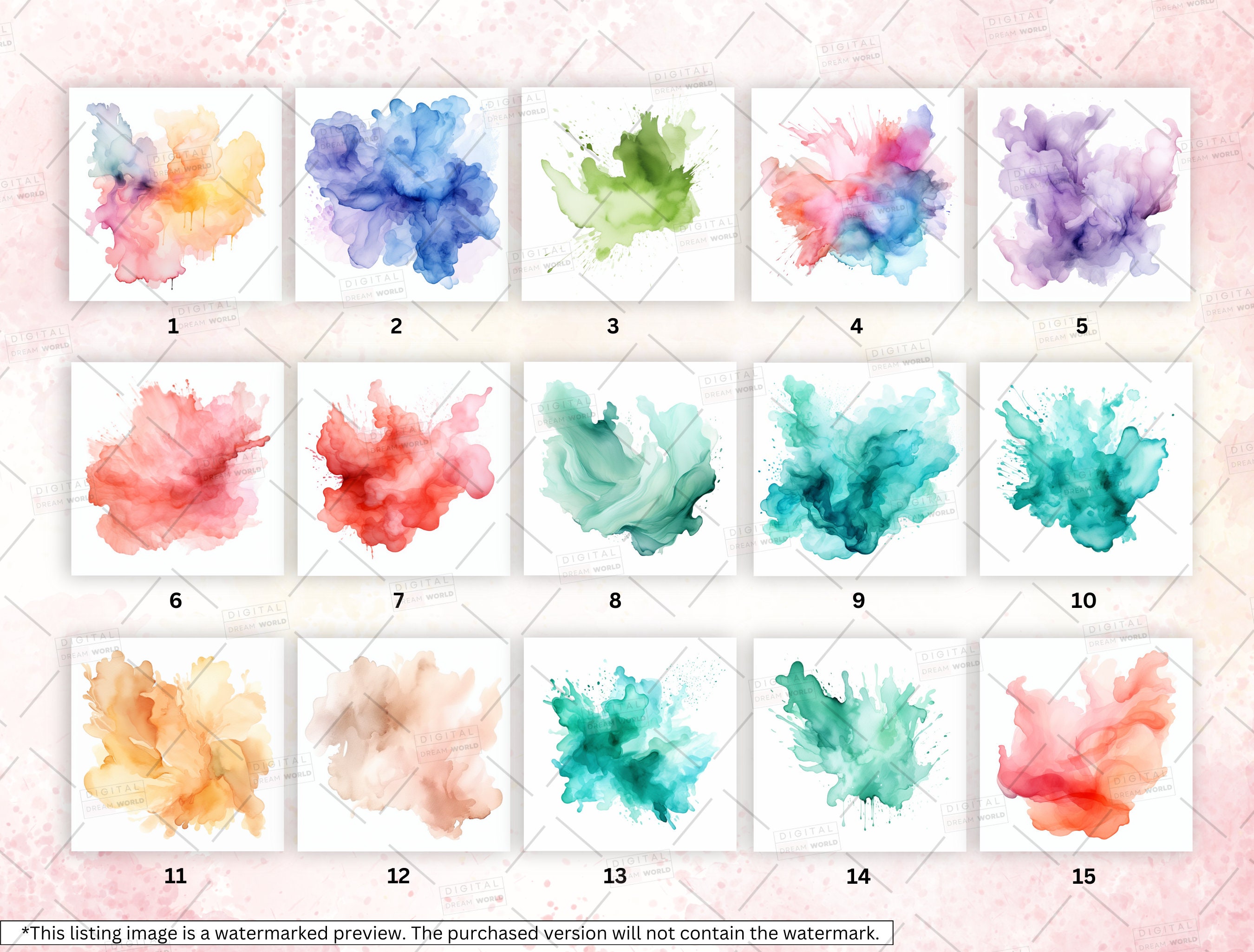 20 Pastel Watercolor Alcohol Ink Splash Clipart, Paint Splatter PNG ...
